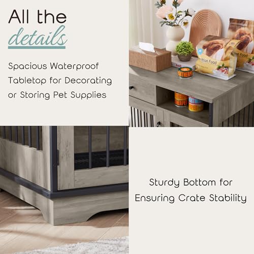 DOSSMBOLA 32'' Wooden Dog Crate Furniture for Medium Small Dogs, Dog Kennel Dog Crate with Pull-Out Tray, Storage Drawer, End Table Dog Cage - Gray