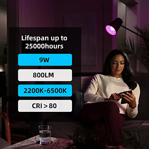 A19 Smart LED Light Bulbs 9W 800LM WiFi & Bluetooth, Compatible with Alexa & Google Assistant, RGB 2200K-6500K Dimmable Color Changing, Group Control, No Hub Required, 4 Pack