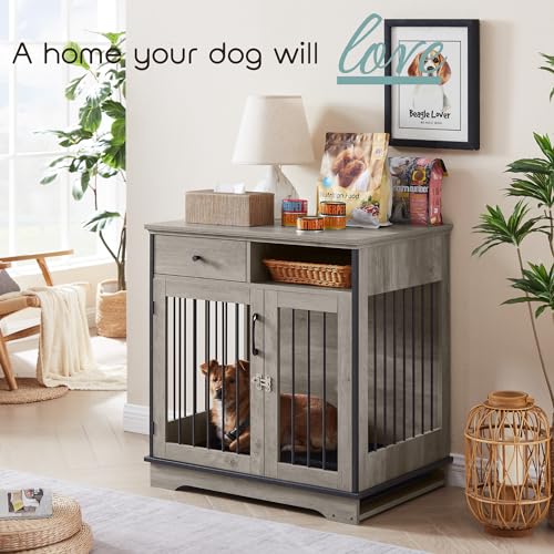 DOSSMBOLA 32'' Wooden Dog Crate Furniture for Medium Small Dogs, Dog Kennel Dog Crate with Pull-Out Tray, Storage Drawer, End Table Dog Cage - Gray