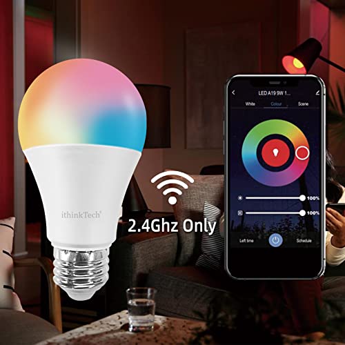 A19 Smart LED Light Bulbs 9W 800LM WiFi & Bluetooth, Compatible with Alexa & Google Assistant, RGB 2200K-6500K Dimmable Color Changing, Group Control, No Hub Required, 4 Pack