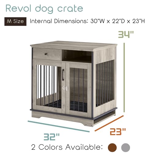 DOSSMBOLA 32'' Wooden Dog Crate Furniture for Medium Small Dogs, Dog Kennel Dog Crate with Pull-Out Tray, Storage Drawer, End Table Dog Cage - Gray
