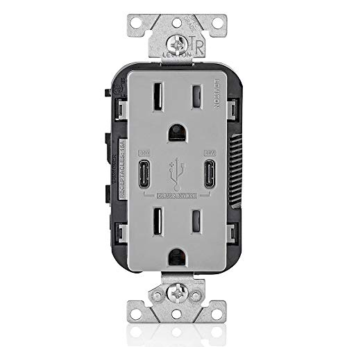 Leviton T5635-G USB Dual Type-C with Power Delivery (PD) In-Wall Charger with 15 Amp, 125 Volt Tamper-Resistant Outlet, Gray with Screwless Wallplates, 2-Pack