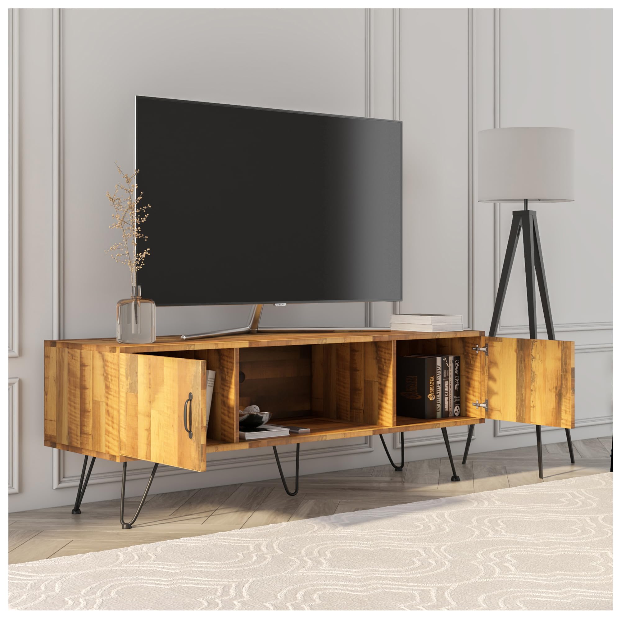 Industrial Media Console Television Stands - Particle Board and Metal TV Stand with Storage - TV & Media Furniture in Brown - TV Stand for 65 Inch TV for Living Room - Home Entertainment Center
