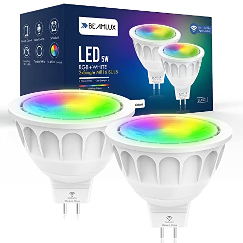 BEAMLUX Smart WiFi MR16 Color Changing led Bulbs RGBCW, Dimmable with App Control, 40° Beam Angle AC/DC 12V GU5.3 Base, Compatible with Alexa and Google Home Assistant, No Hub Required (2PACK)
