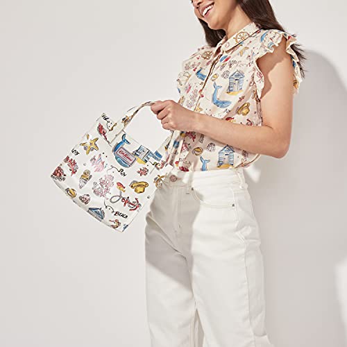 Cath Kidston Small Bookbag S Size Open Top Handled Handbag Lunch Bag Water Resistant Oilcloth Tote Beach and Sea Pattern (Summer Time (Cream))