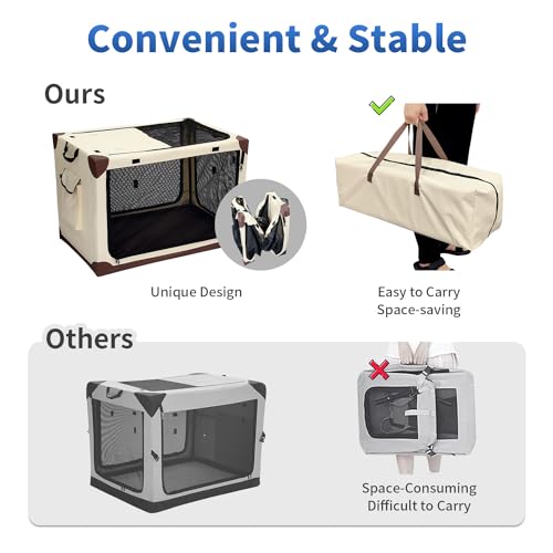 Pecait Soft Collapsible Dog Crate, 42 Inch Portable Travel Dog Crate for Extra Large Dogs 4-Door Durable Breathable Mesh Window Indoors Outdoors Kennel with 2 Foldable Dog Bowls (Beige)