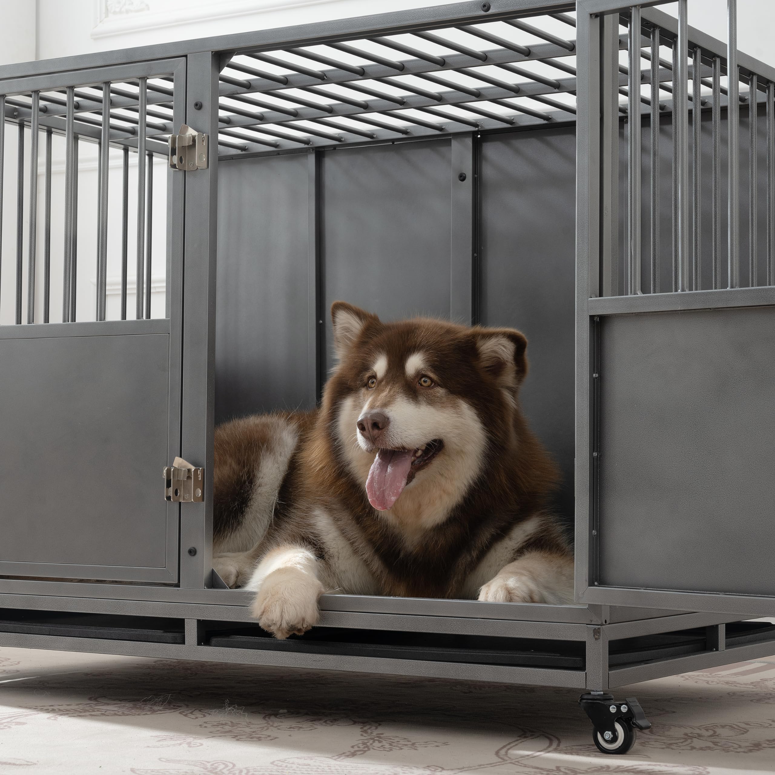 Stackable Heavy Duty Dog Crate Dog Cage, Indestructible Metal Dog Kennel Lockable for Medium Large Dogs with Sturdy Door Lock and Removable Trays, 47 Inch