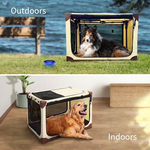 Pecait Soft Collapsible Dog Crate, 42 Inch Portable Travel Dog Crate for Extra Large Dogs 4-Door Durable Breathable Mesh Window Indoors Outdoors Kennel with 2 Foldable Dog Bowls (Beige)