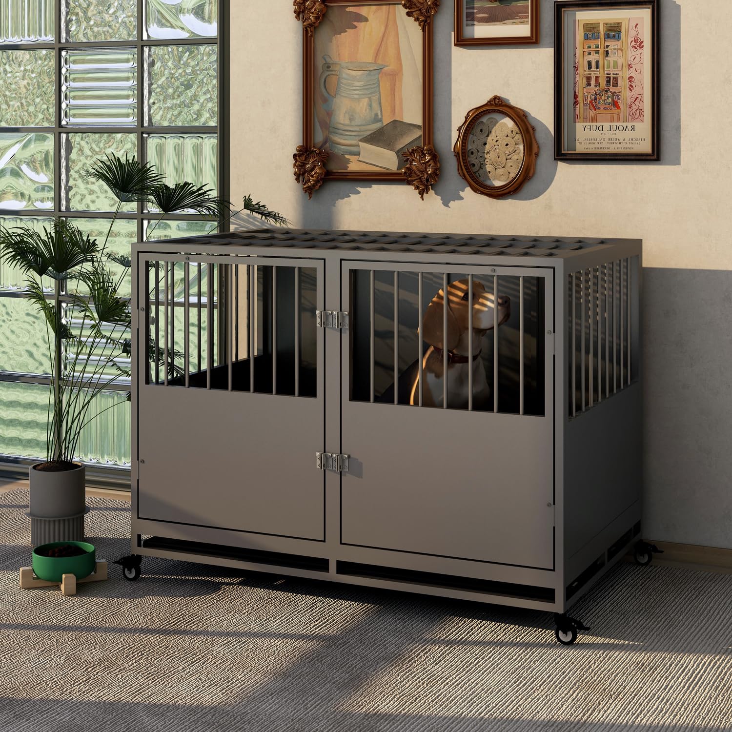 Stackable Heavy Duty Dog Crate Dog Cage, Indestructible Metal Dog Kennel Lockable for Medium Large Dogs with Sturdy Door Lock and Removable Trays, 47 Inch