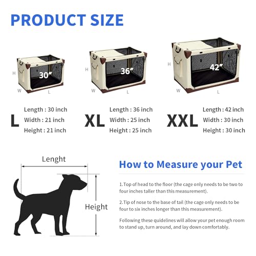 Pecait Soft Collapsible Dog Crate, 42 Inch Portable Travel Dog Crate for Extra Large Dogs 4-Door Durable Breathable Mesh Window Indoors Outdoors Kennel with 2 Foldable Dog Bowls (Beige)
