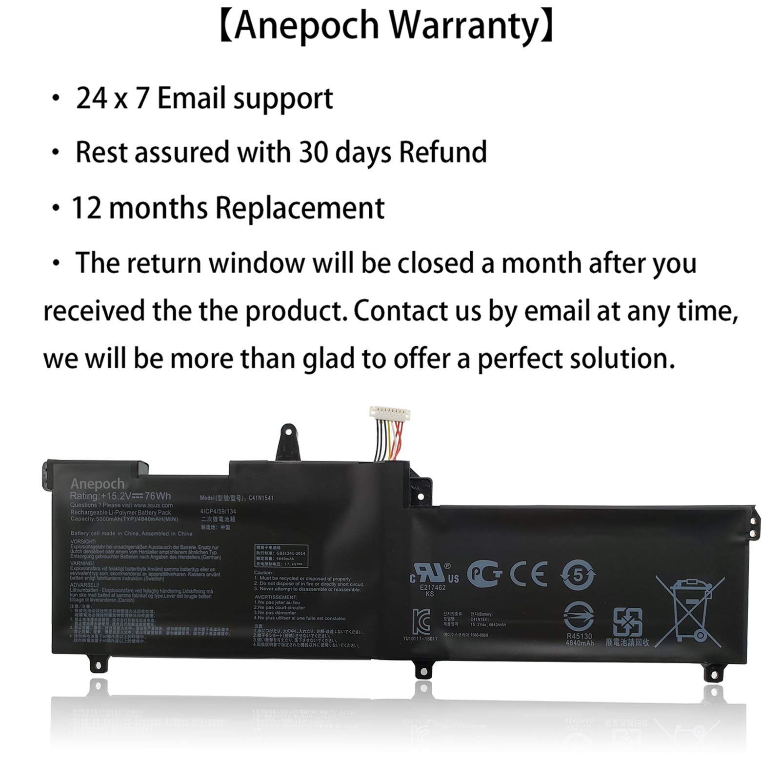 Anepoch C41N1541 Laptop Battery Replacement for Asus ROG Strix GL702 GL702V GL702VS GL702VT GL702VM GL702VM1A Series 0B200-02070000 4ICP4/59/13 15.2V 76Wh 4840mAh