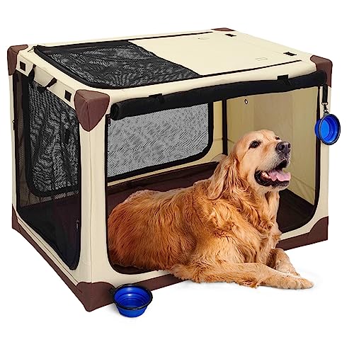 Pecait Soft Collapsible Dog Crate, 42 Inch Portable Travel Dog Crate for Extra Large Dogs 4-Door Durable Breathable Mesh Window Indoors Outdoors Kennel with 2 Foldable Dog Bowls (Beige)