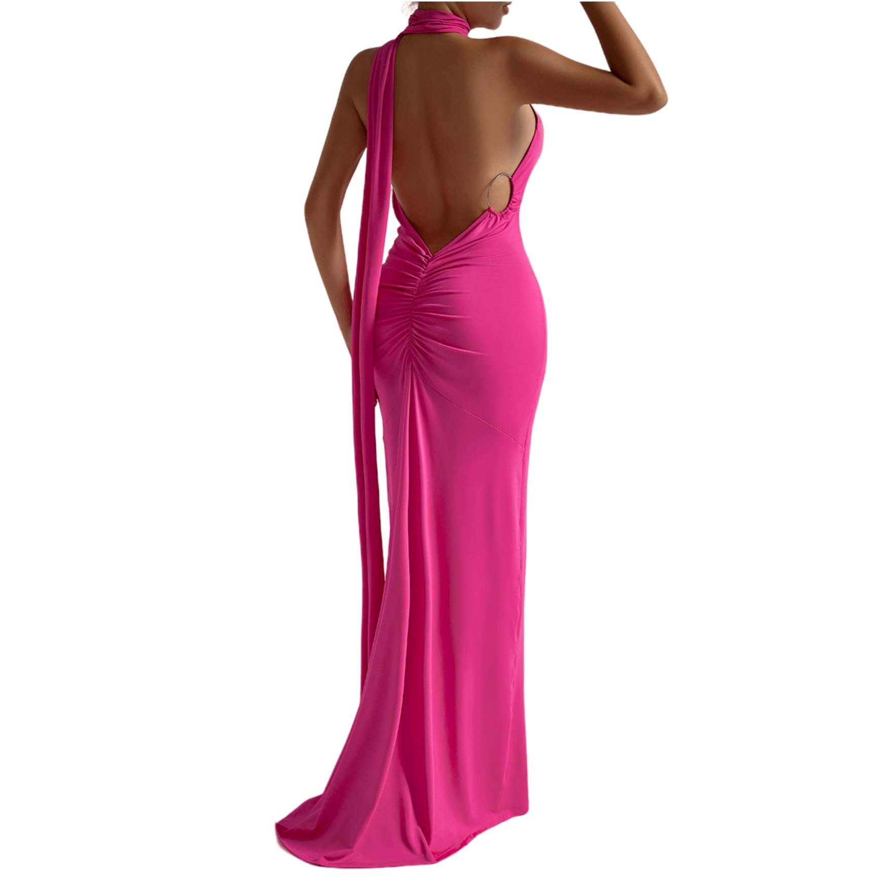 Women's Sexy One Shoulder Backless Maxi Dress Elegant Ruched O Ring Sleeveless Evening Dress Long Gown Cocktail Dress Hot Pink