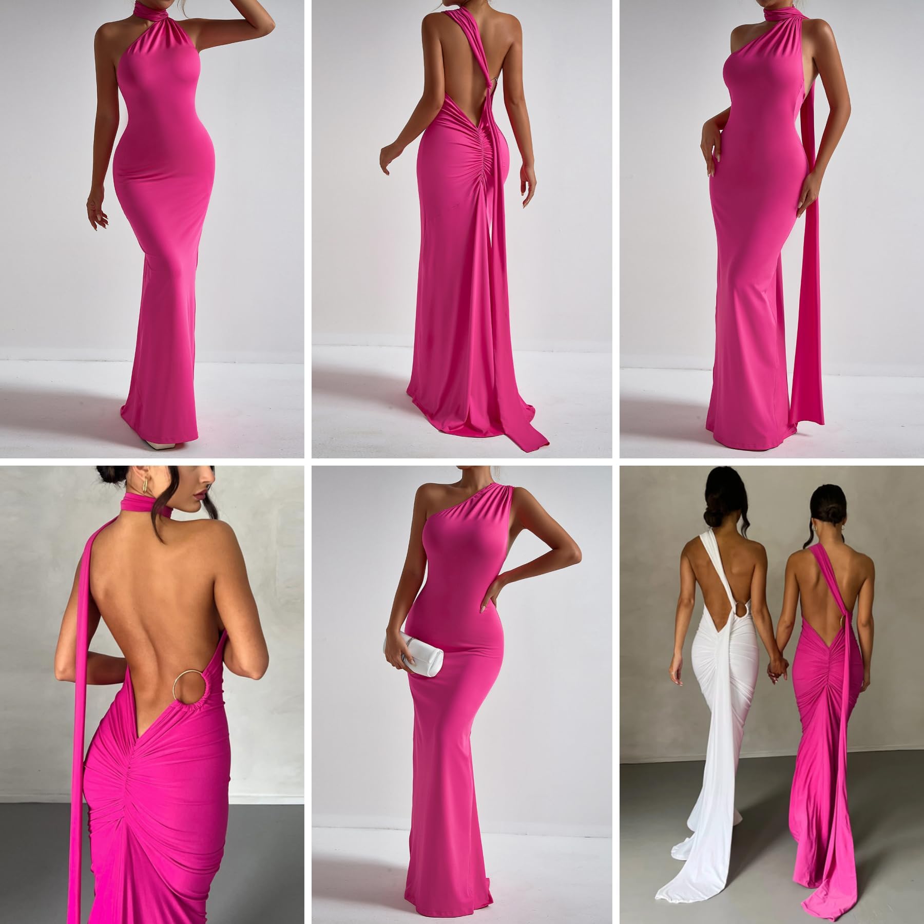 Women's Sexy One Shoulder Backless Maxi Dress Elegant Ruched O Ring Sleeveless Evening Dress Long Gown Cocktail Dress Hot Pink