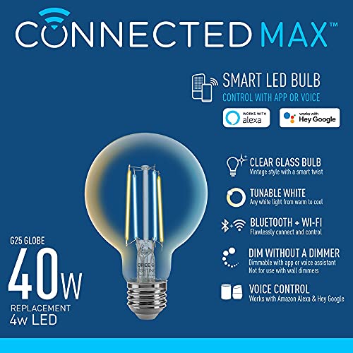 Cree Connected Max Smart Led Vintage Glass Filament Bulb G25 Globe 40W Tunable White, 2.4 Ghz, Works With Alexa And Google Home, No Hub Required, Bluetooth + Wifi, 1Pk, Clear, Cmg25-40W-Al-9Tw-Gl