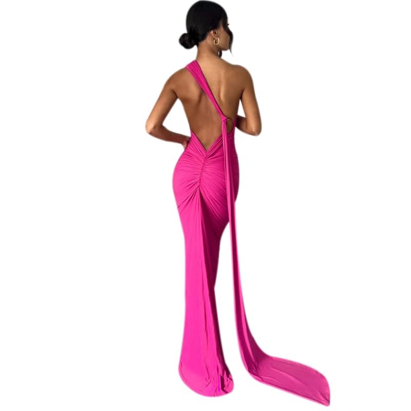 Women's Sexy One Shoulder Backless Maxi Dress Elegant Ruched O Ring Sleeveless Evening Dress Long Gown Cocktail Dress Hot Pink