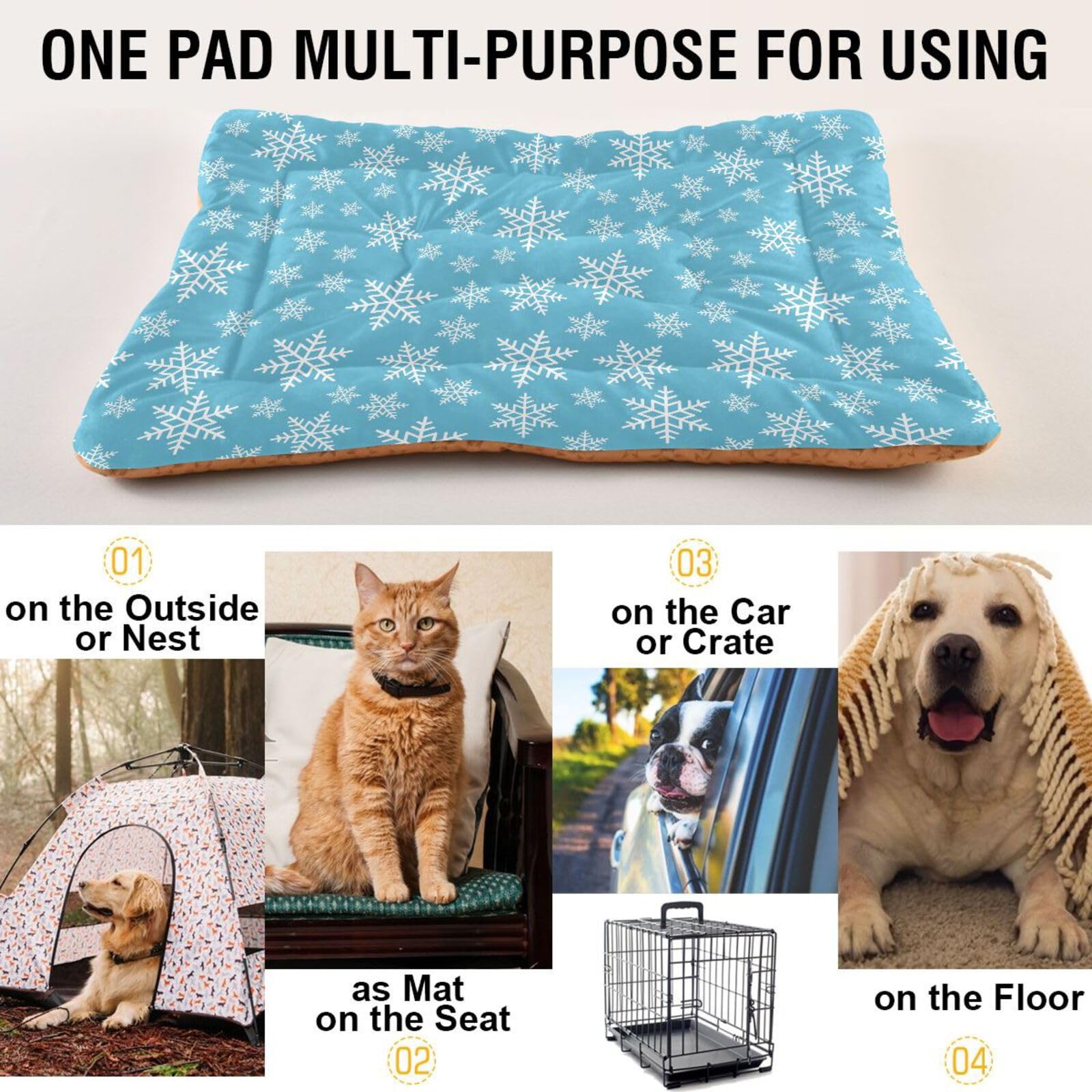Coikll Christmas White Snowflakes Blue Pet Bed Pad Soft Dog Bed Mat with Anti-Slip Bottom, Machine Washable Crate Pad Mattress for Dog Sleeping- 36 * 24inches