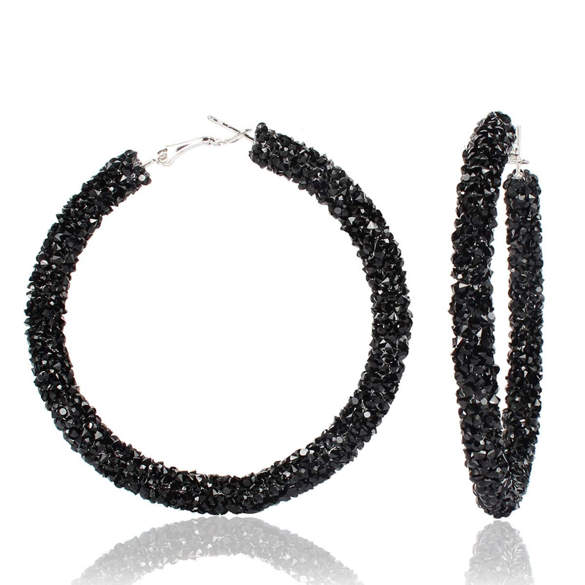 Hot Pink Prom Hoop Earrings for Women Shiny Glitter Sequins Hoop EarringsSparkly Concert Earrings Gifts Statement Circle Rhinestone Dangle Drop Earrings Boho Colorful Jewelry-Black