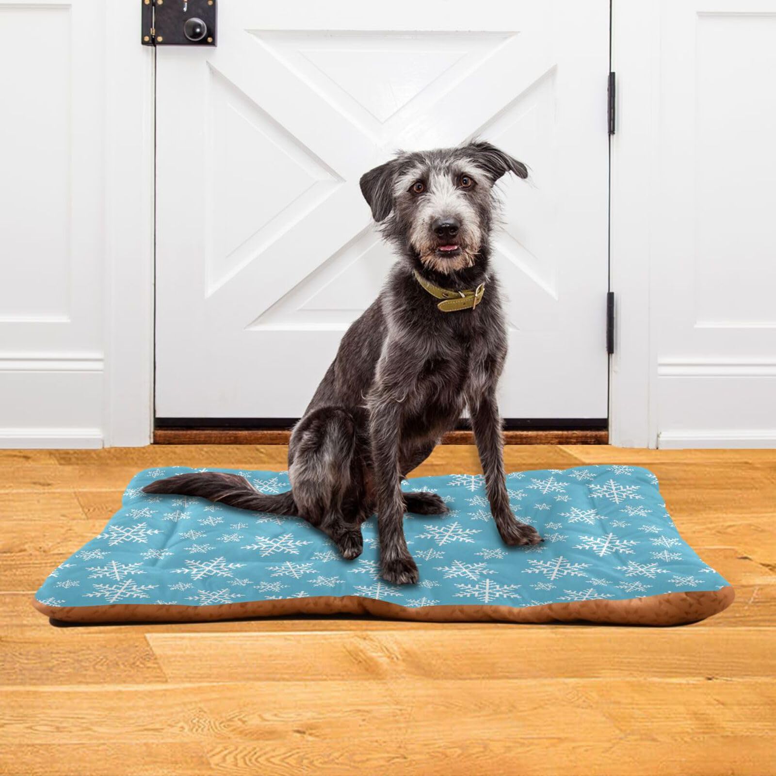 Coikll Christmas White Snowflakes Blue Pet Bed Pad Soft Dog Bed Mat with Anti-Slip Bottom, Machine Washable Crate Pad Mattress for Dog Sleeping- 36 * 24inches