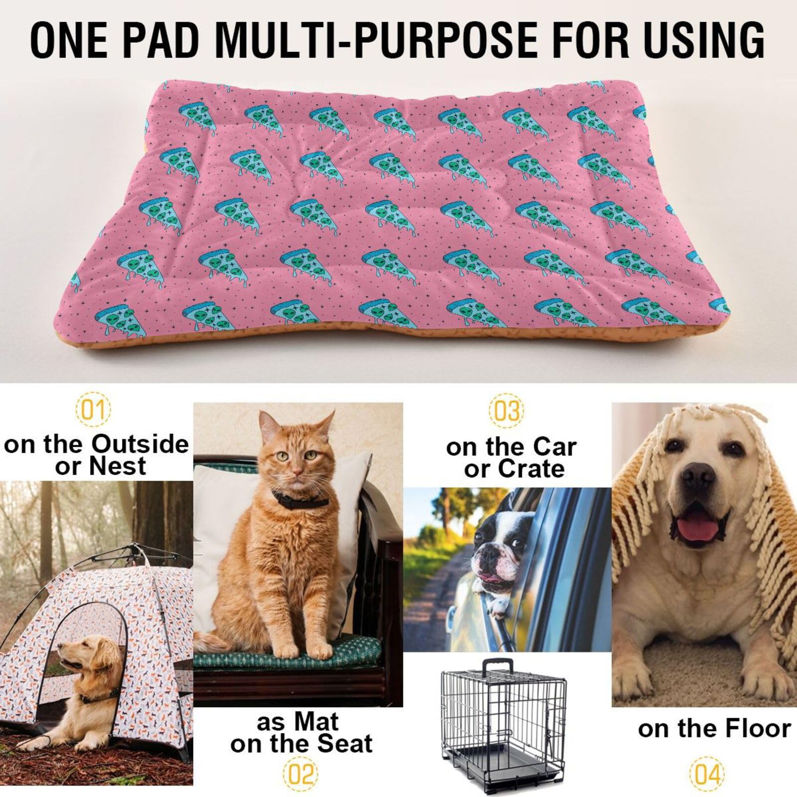 Coikll Alien Pizza Pet Bed Pad Soft Dog Bed Mat with Anti-Slip Bottom, Machine Washable Crate Pad Mattress for Dog Sleeping- 36 * 24inches