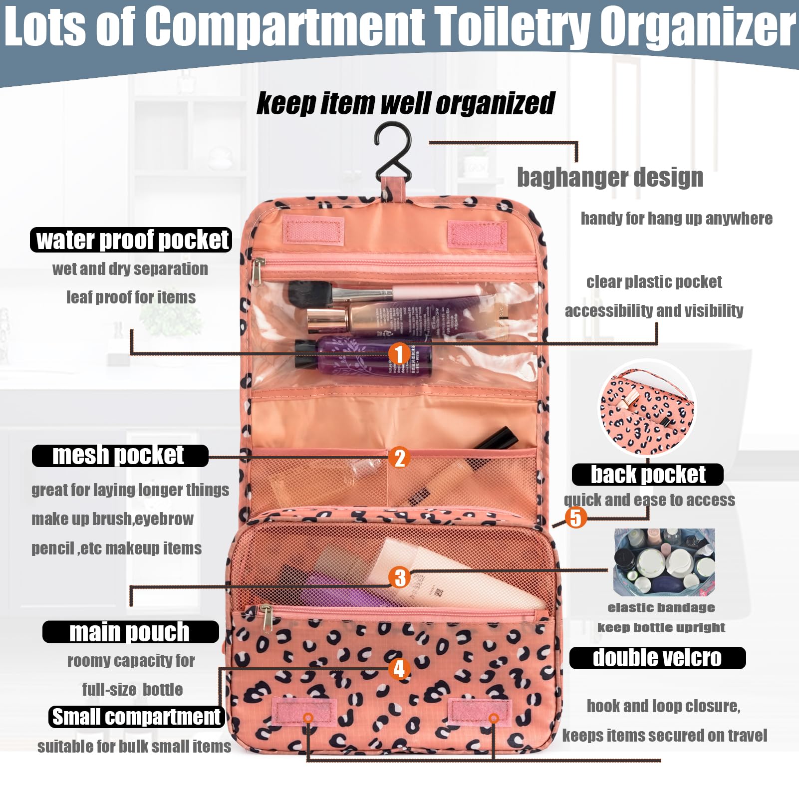 L&FY Hanging Travel Toiletry Bag Women's Cosmetic Organizer Makeup Pouch Men's Dopp Kits With Handle(Pink Leopard)