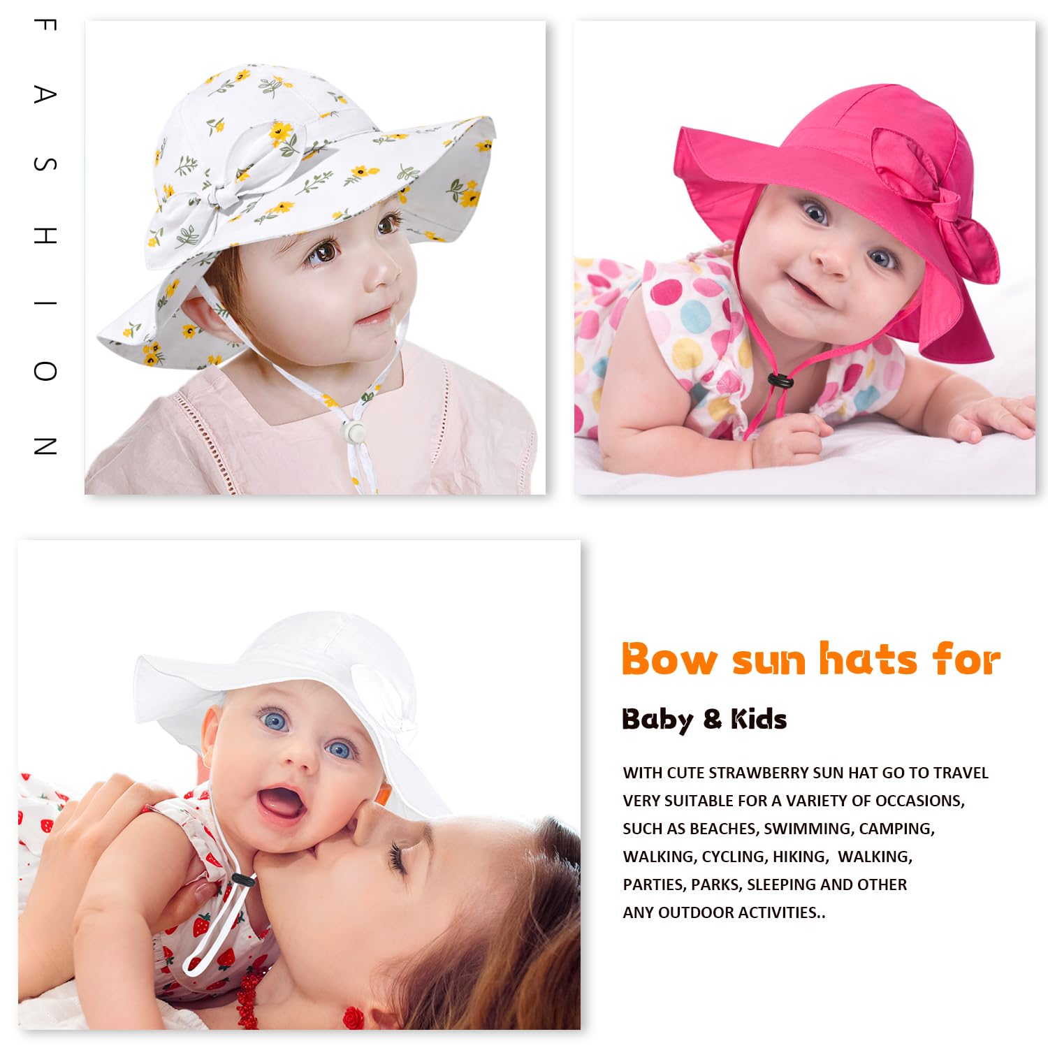 Baby Girl Sun Hat with UPF 50+ Outdoor Adjustable Beach Hat with Wide Brim Bucket Hats (12-24 Months,White)