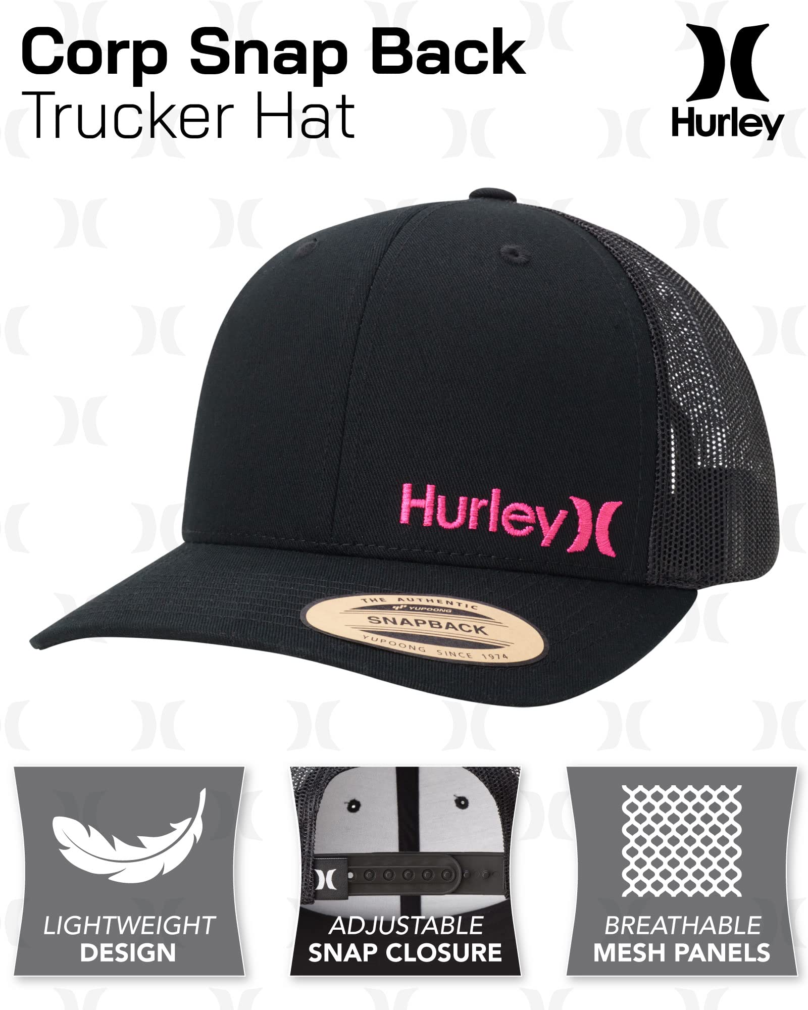 Hurley Men's Trucker Hat - Corp Snap Back Comfortable Curved Bill with Adjustable Snap Closure - Trucker Hats for Men, Black/Pink