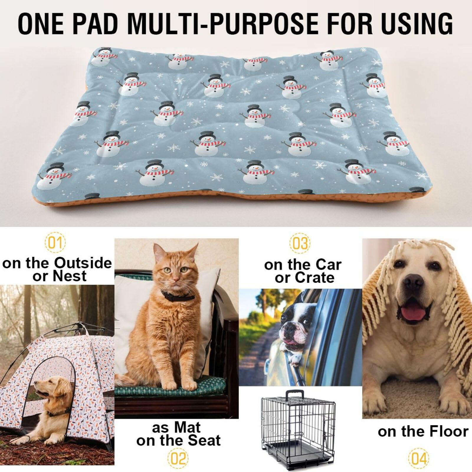 Coikll Christmas Happy Snowman Pet Bed Pad Soft Dog Bed Mat with Anti-Slip Bottom, Machine Washable Crate Pad Mattress for Dog Sleeping- 36 * 24inches