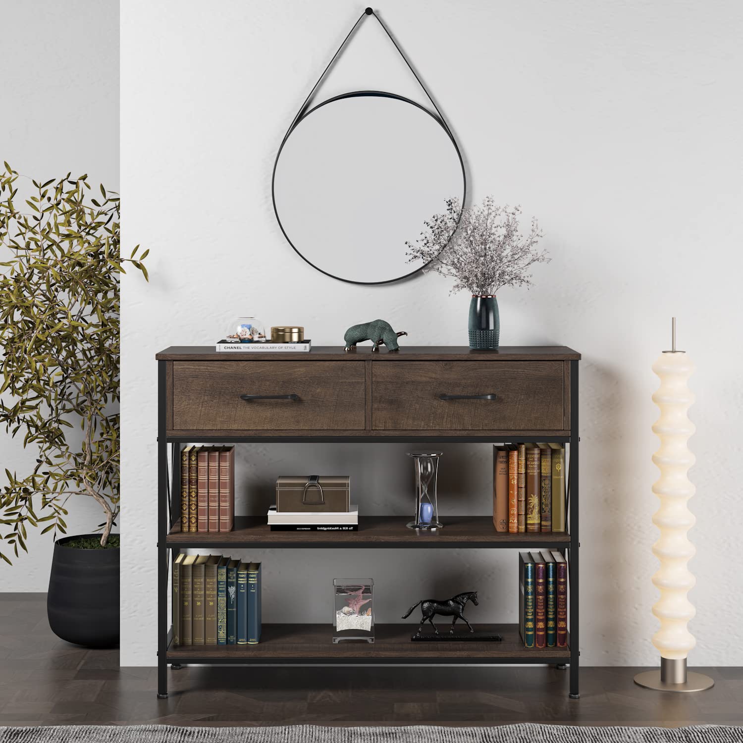 HITHOS Industrial Console Table with Drawers, Vintage Hallway Foyer Table with Storage Shelves, Narrow Long Sofa Entryway Table for Living Room, Dark Brown