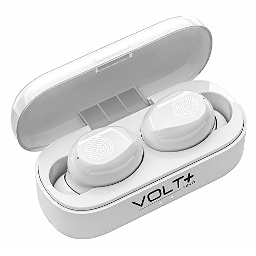 VOLT PLUS TECH Slim Travel Wireless V5.1 Earbuds Compatible with Your LG Joy Updated Micro Thin Case with Quad Mic 8D Bass IPX7 Waterproof/Sweatproof (White)