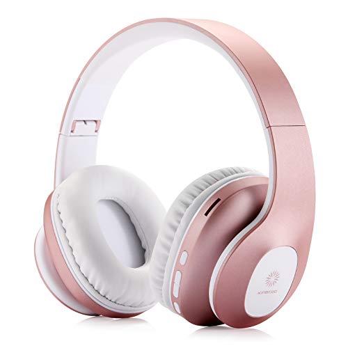 Bluetooth Over Ear Headphones,KINGCOO Wireless Headphones V5.0 with Microphone, Foldable & Lightweight Headset, Support Tf Card MP3 Mode and Fm Radio for Cellphones Laptop TV (Rose Gold)