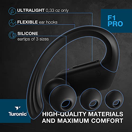 Turonic F1 Pro - True Wireless Earbuds - 45H Playtime, Charging case, Mic, IPX7 Waterproof Bluetooth Headphones w/Microphone - Sport Wireless Earphones with Earhook for Gym, Running, Workout - Black