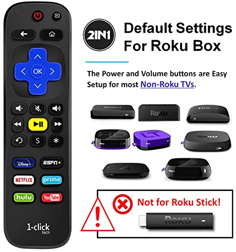 1-clicktech Remote for Roku TV and Roku Box [2-in-1 w/TV Power+Volume] Compatible for Roku Express/+, Roku Ultra, Premiere, 4/3/2/1 [Not for Roku Stick]