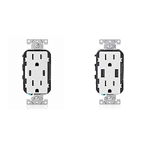 Leviton T5635-W USB Dual Type-C with Power Delivery (PD) In-Wall Charger & T5632-W 15-Amp Charger/Tamper Resistant Duplex Receptacle, 1-Pack, White