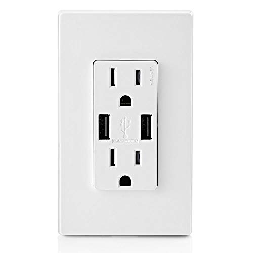 Leviton T5635-W USB Dual Type-C with Power Delivery (PD) In-Wall Charger & T5632-W 15-Amp Charger/Tamper Resistant Duplex Receptacle, 1-Pack, White