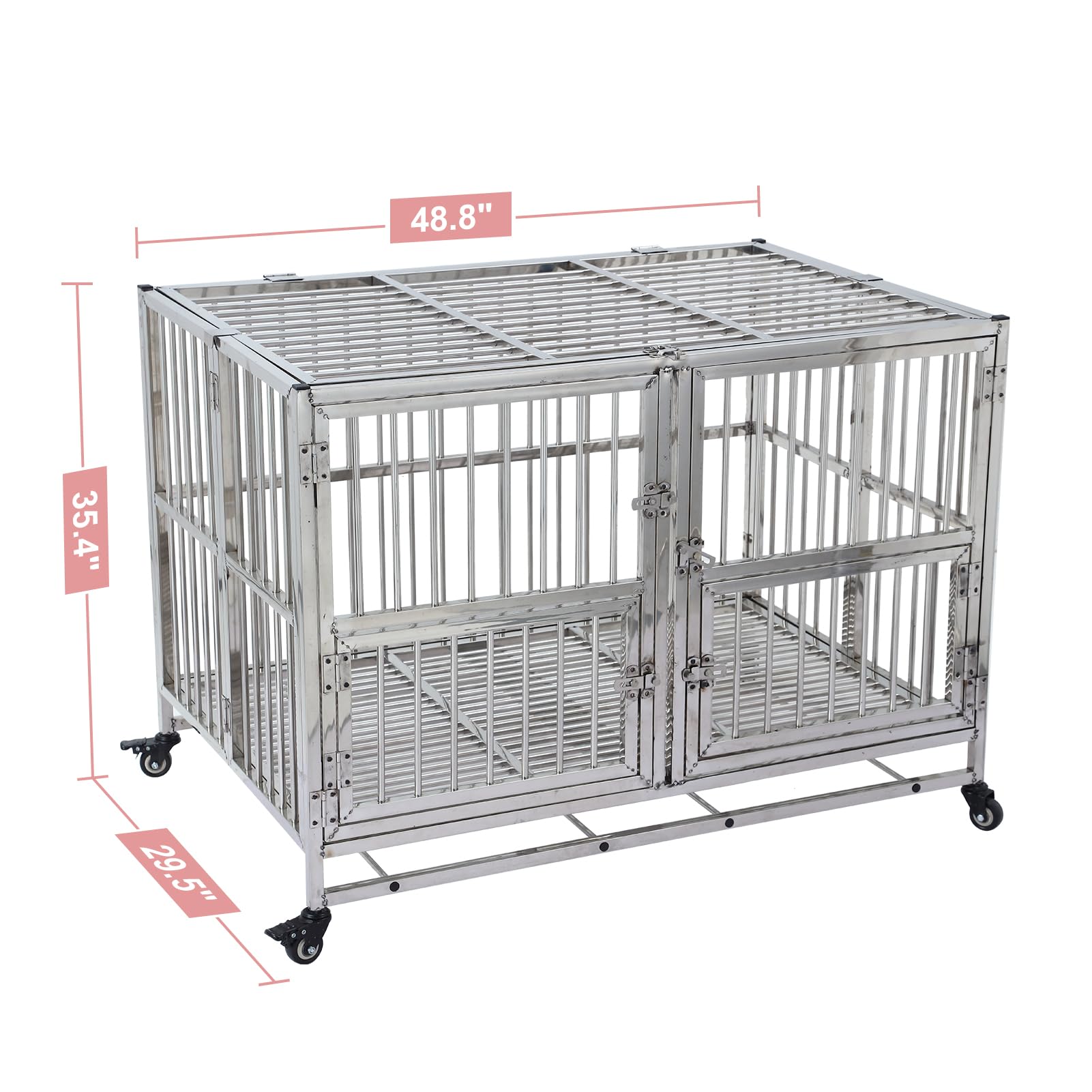 48" Heavy Duty Dog Crate Cage Kennel with Wheels, Full Stainless Steel High Anxiety Indestructible Dog Crate, Sturdy Locks Design, Double Door Small Door Design & Removable Tray Design (Silver)