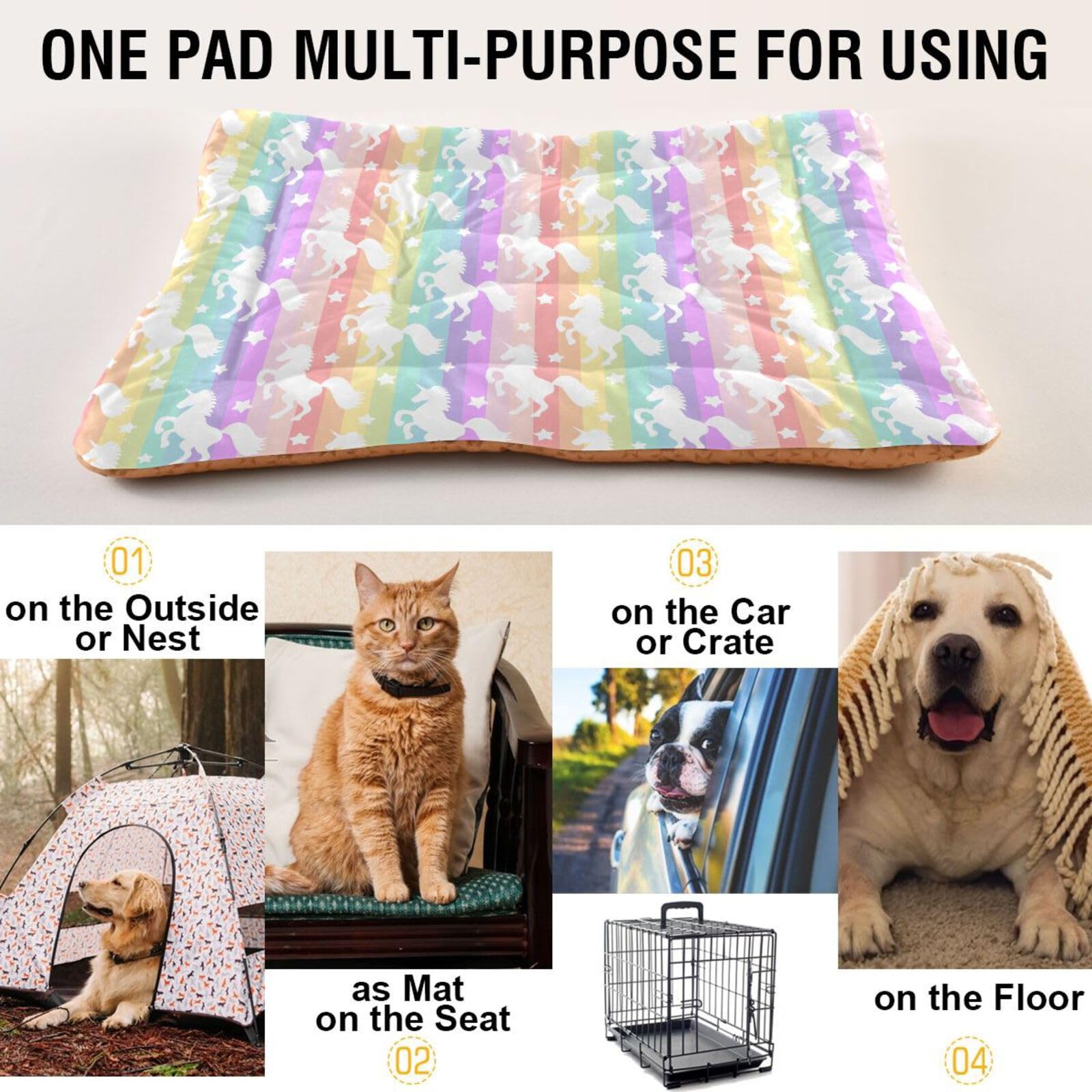 Coikll Rainbow Unicorn Pet Bed Pad Soft Dog Bed Mat with Anti-Slip Bottom, Machine Washable Crate Pad Mattress for Dog Sleeping- 24 * 18inches