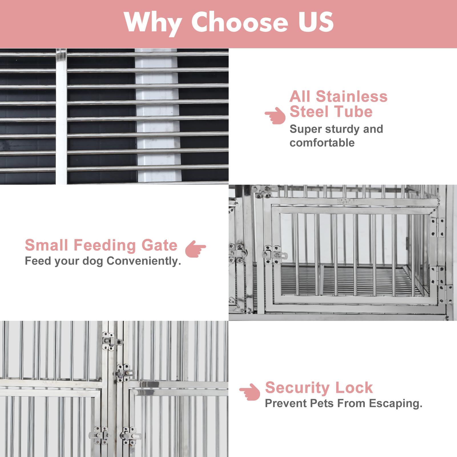 48" Heavy Duty Dog Crate Cage Kennel with Wheels, Full Stainless Steel High Anxiety Indestructible Dog Crate, Sturdy Locks Design, Double Door Small Door Design & Removable Tray Design (Silver)