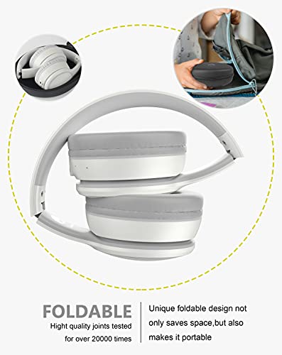 rockpapa E9 Over Ear Bluetooth Headphones for Kids Children Boy Girl Adult, Stereo Foldable Wired/Wireless Headphones with Microphone for School Travel Tablet PC TV, Include Case, White Grey