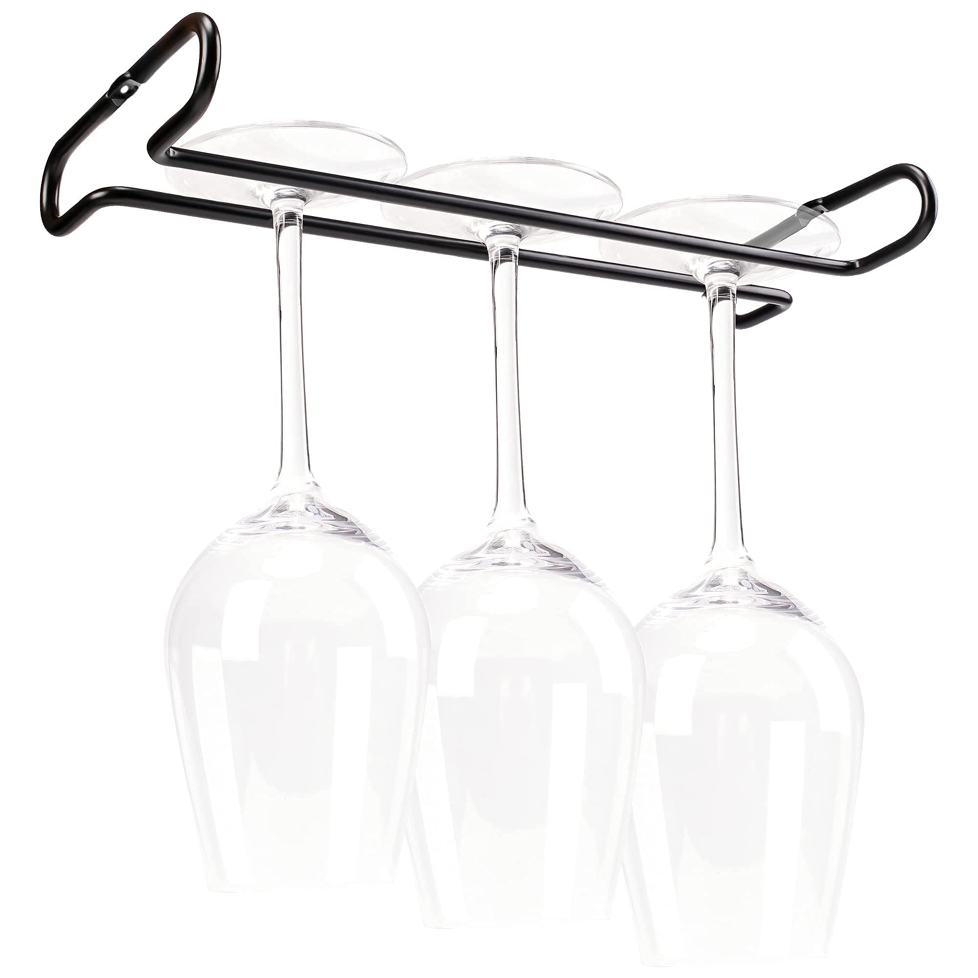 Warmery 2 Pack Wine Glasses Hanging Rack, Black Stemware Rack Holder Under Cabinet, Metal Wall Mount Wire Hanging Rack Storage Hanger Organizer with Screws for Kitchen Bar (10.3in), Black