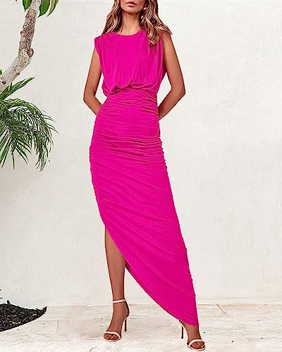 BTFBM Semi Formal Dresses for Women Sleeveless Sundress Asymmetrical Slit Ruched Bodycon Long Wedding Guest Dresss(Solid Rose Red, Medium)