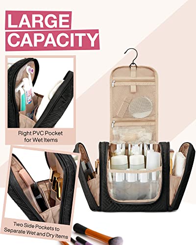 BAGSMART Toiletry Bag for Men, Travel Cosmetic Makeup Bag with Hanging Hook, Water-resistant Dopp kit Shaving Bag for Full Sized Container, Toiletries, Shampoo, Black-Medium