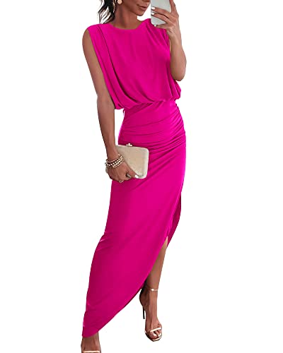 BTFBM Semi Formal Dresses for Women Sleeveless Sundress Asymmetrical Slit Ruched Bodycon Long Wedding Guest Dresss(Solid Rose Red, Medium)