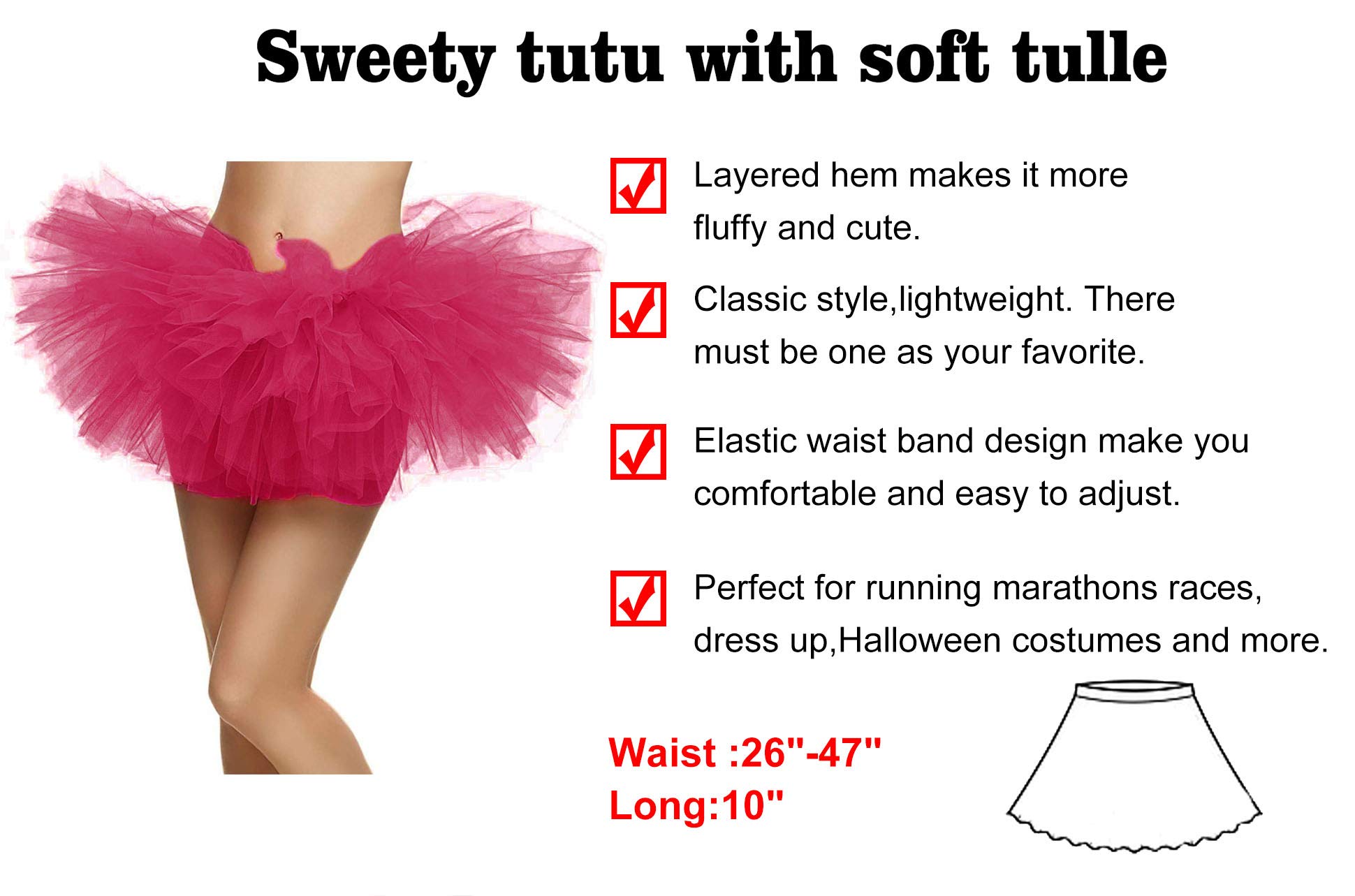 Women's Vintage 5-layered Run Walk Little Princess Dash Event Tutu Skirt, Rose, One Size - Waist 26"-47"