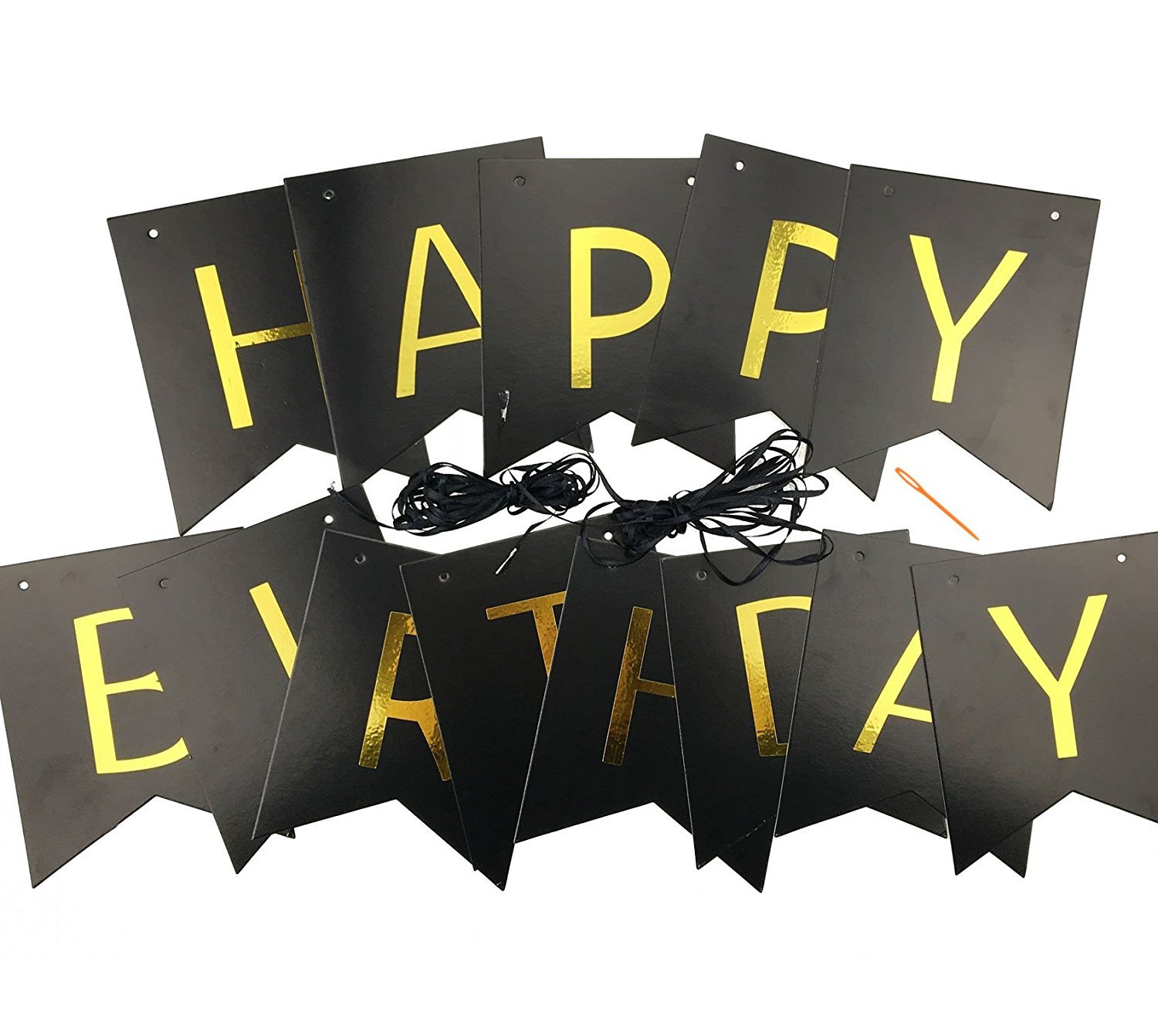 FECEDY Black Happy Birthday Bunting Banner with Shiny Gold Letters Party Supplies