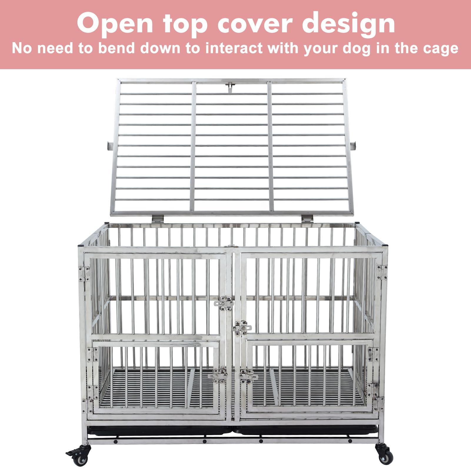 48" Heavy Duty Dog Crate Cage Kennel with Wheels, Full Stainless Steel High Anxiety Indestructible Dog Crate, Sturdy Locks Design, Double Door Small Door Design & Removable Tray Design (Silver)
