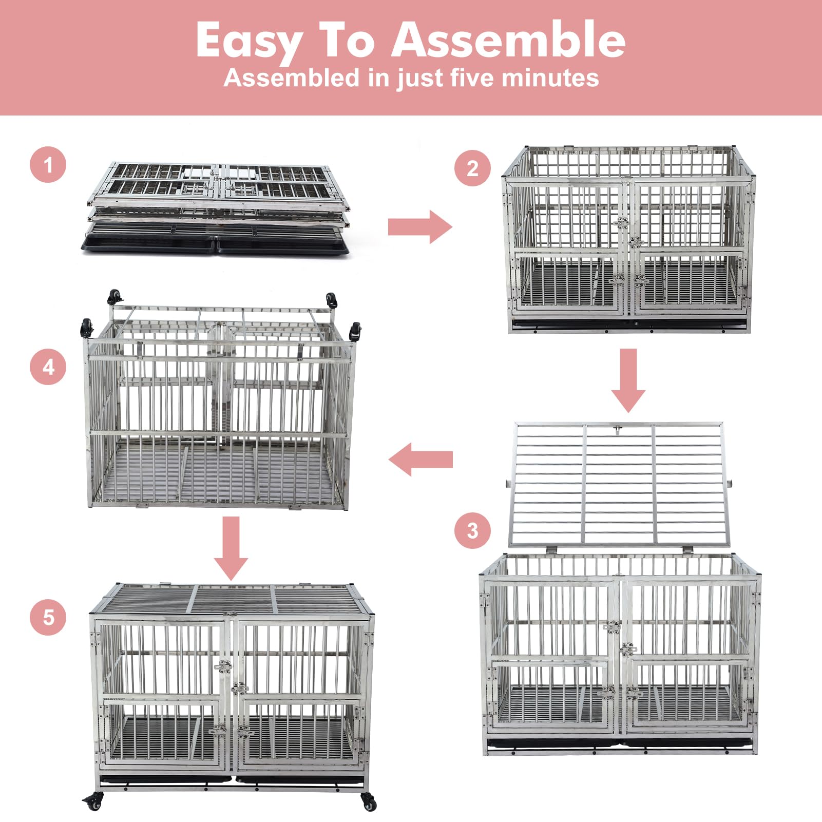 48" Heavy Duty Dog Crate Cage Kennel with Wheels, Full Stainless Steel High Anxiety Indestructible Dog Crate, Sturdy Locks Design, Double Door Small Door Design & Removable Tray Design (Silver)