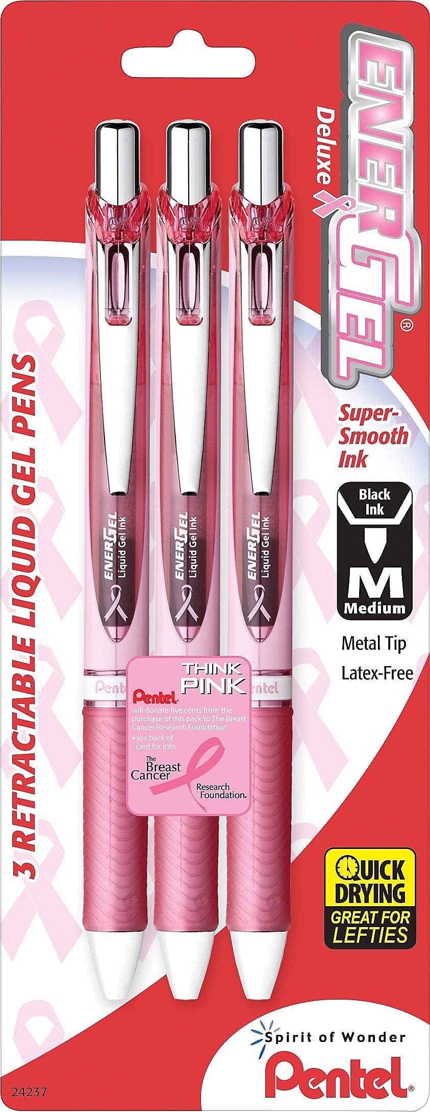 Pentel® EnerGel® RTX Retractable Liquid Gel Pens, Medium Point, 0.7 mm, 54% Recycled, Assorted Barrel Colors, Black Ink, Pack Of 3 Pens