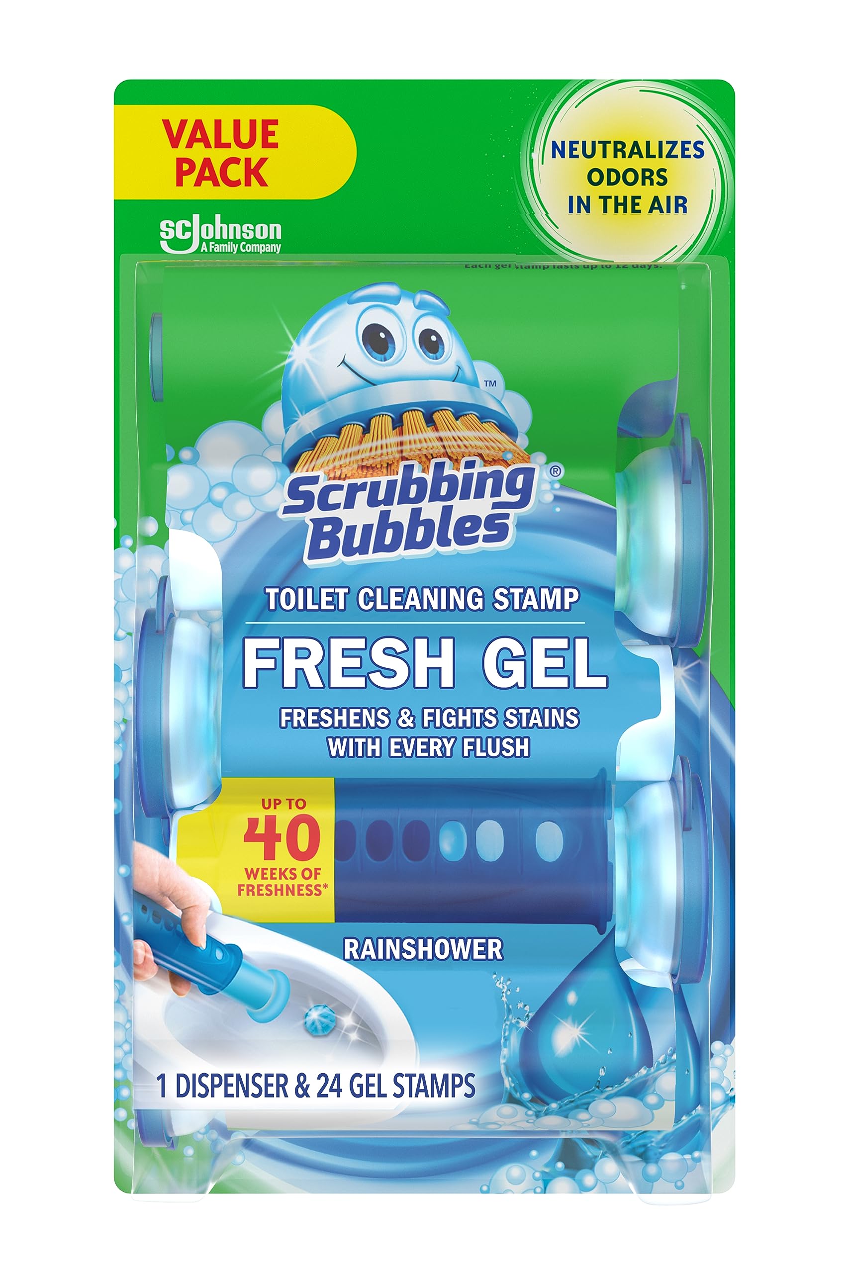 Scrubbing Bubbles Fresh Gel Toilet Cleaning Stamp, Rainshower, Dispenser with 24 Gel Stamps, 5.36 oz