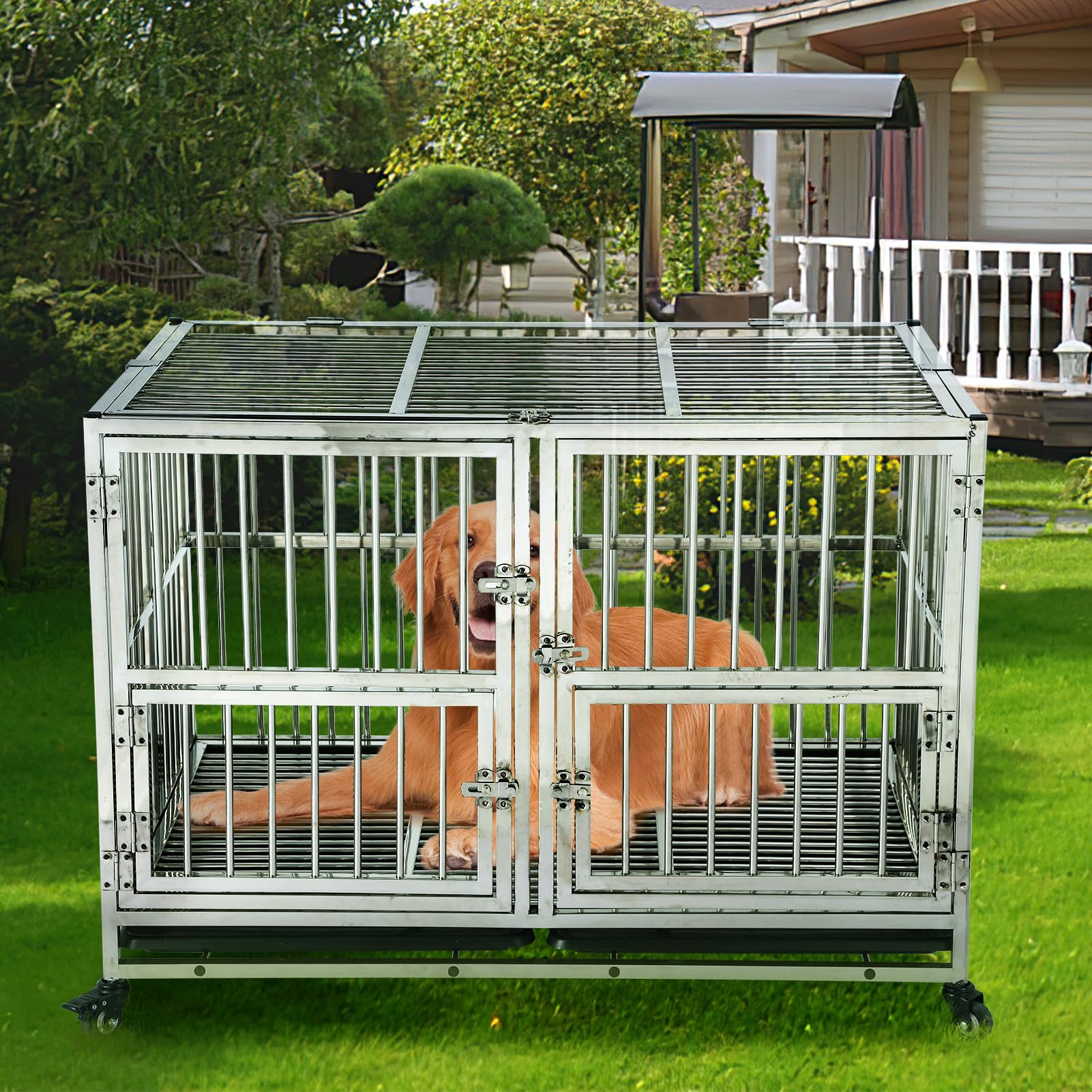 48" Heavy Duty Dog Crate Cage Kennel with Wheels, Full Stainless Steel High Anxiety Indestructible Dog Crate, Sturdy Locks Design, Double Door Small Door Design & Removable Tray Design (Silver)